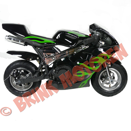 Minibike Pocketbike 49cc zwart met groene vlammen | BRINKMOTOREN.NL